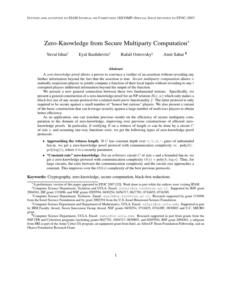 Zero-Knowledge From Secure Multiparty Computation: Yuval Ishai Eyal Kushilevitz Rafail Ostrovsky ...