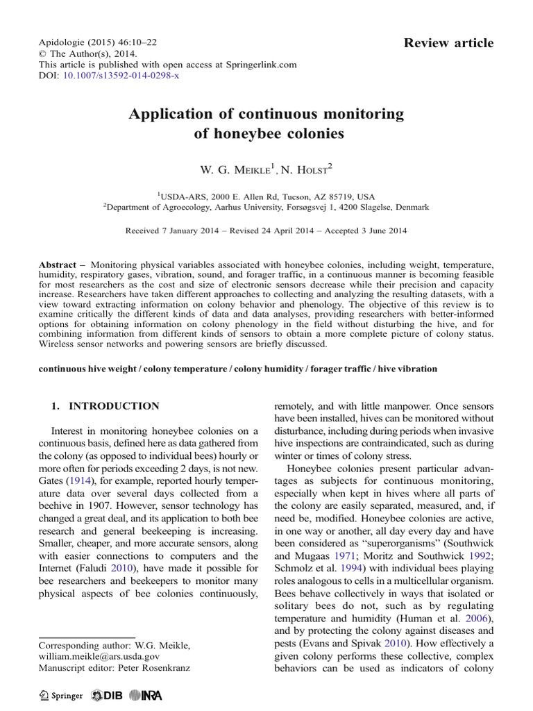 ETUDE - Application of Continuous Monitoring of Honeybee Colonies | PDF | Beehive | Honey Bee