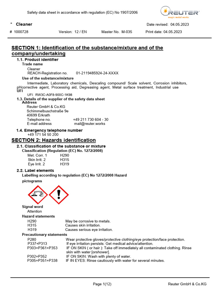Reuter-Cleaner_Safety-Data-Sheet | PDF | Toxicity | Dangerous Goods