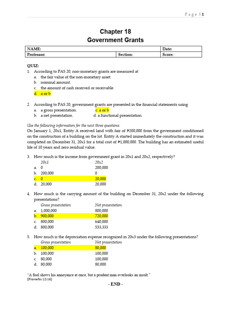 Government Grants Quiz and Solutions | PDF | Depreciation | Income