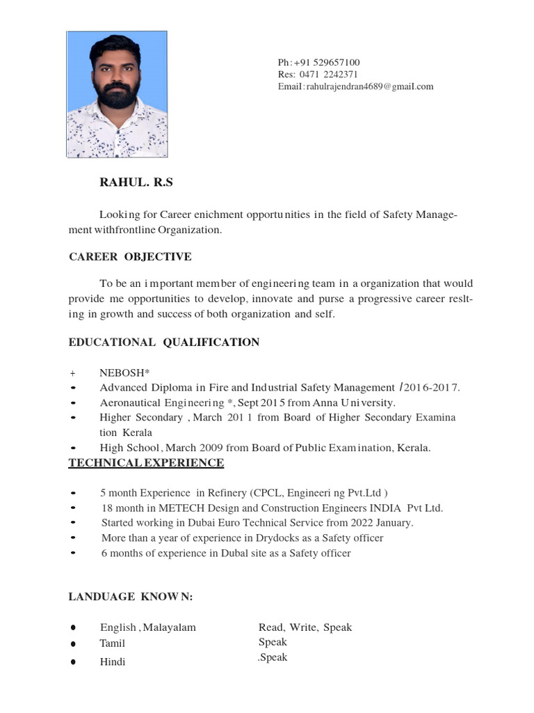 Rahul CV | PDF | Qualifications | Occupational Safety And Health