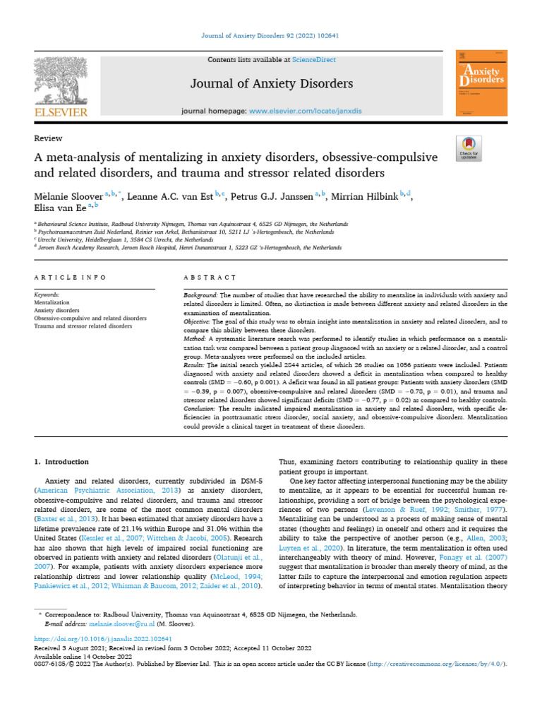 A Meta-Analysis of Mentalizing in Anxiety Disorders, Obsessive ...