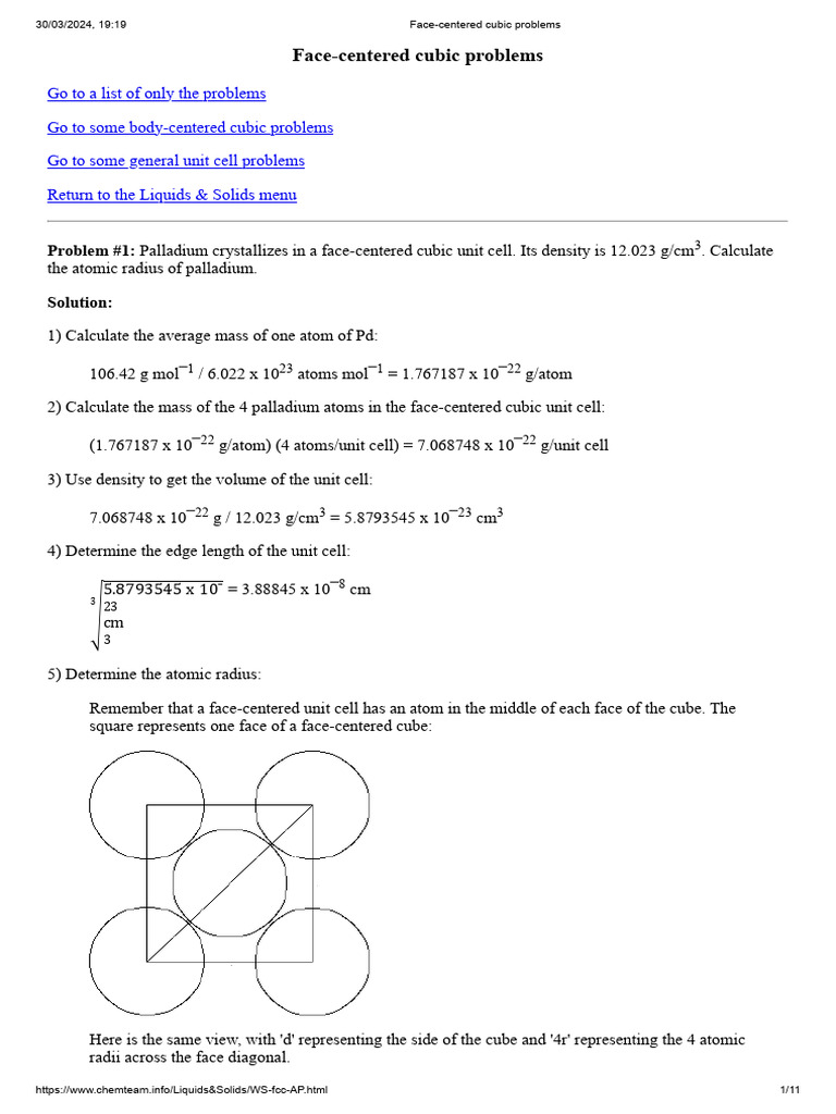 Face-Centered Cubic Problems | PDF | Crystal Structure | Density