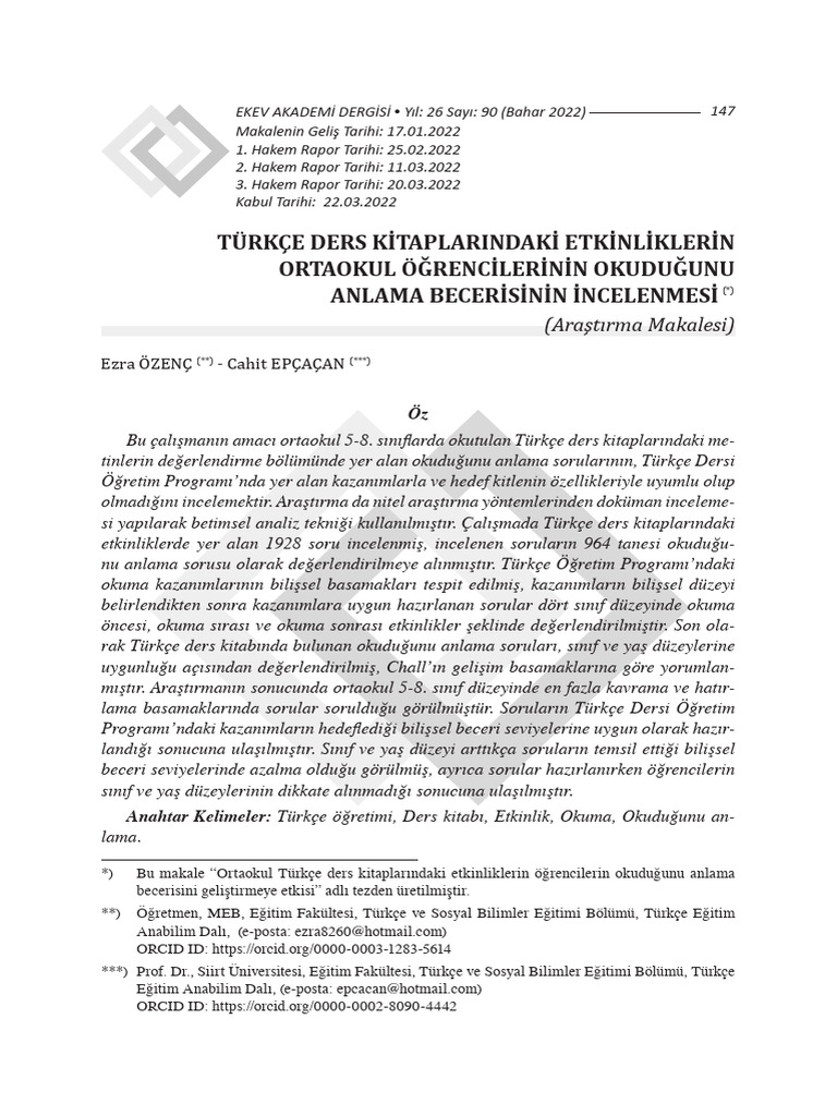 T RK e Ders K Taplarindak Etk NL Kler N Ortaokul Renc Ler N N Okudu Unu Anlama Becer S N N ...