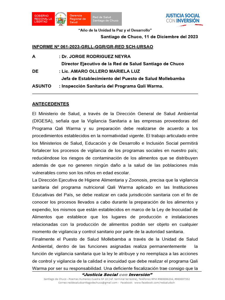 Informes Modelo Qali Warma 2023 | PDF | Seguridad alimenticia | Alimentos