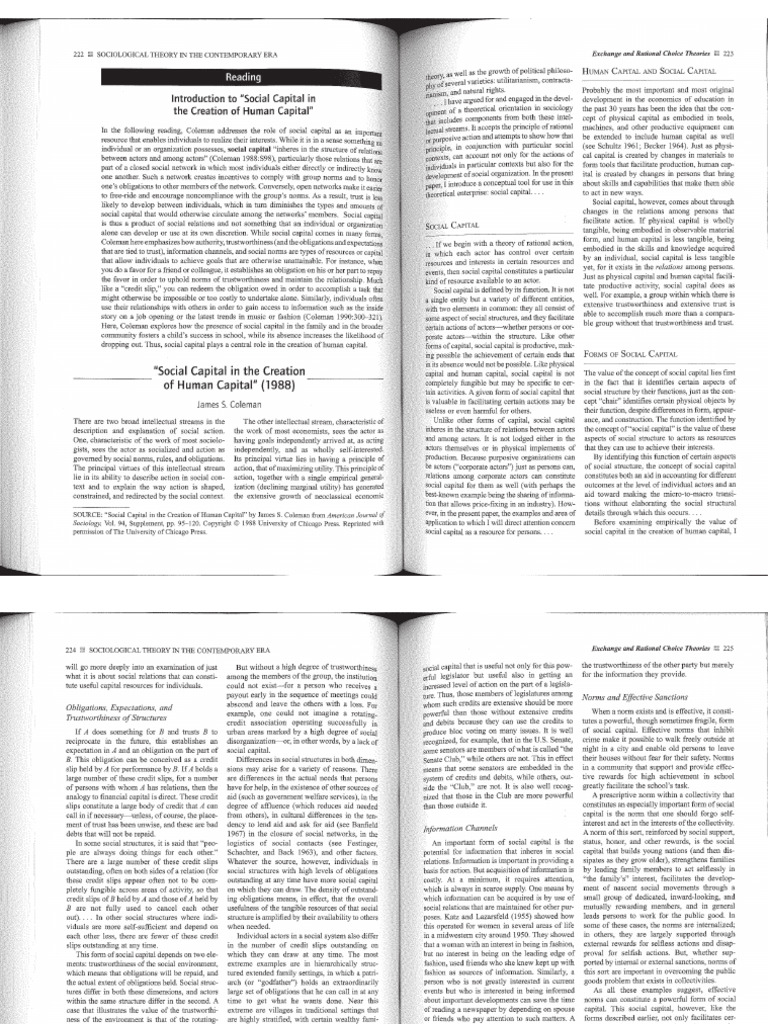 James Coleman - Social Capital in The Creation of Human Capital | PDF