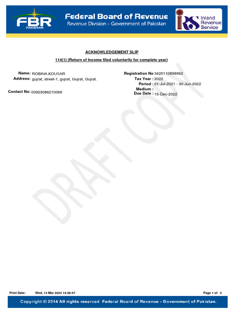 Income Tax Acknowledgement Slip 2022 | PDF | Taxes | Capital Gains Tax