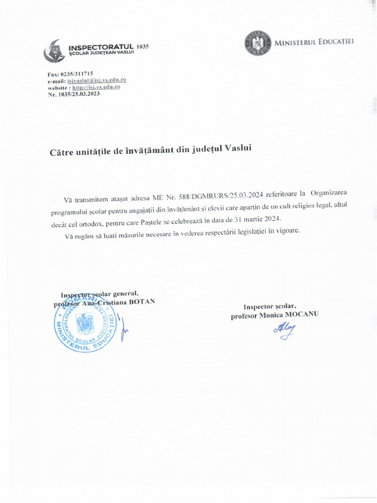 Adresa Unitati Scolare - Organizare Program Scolar Culte | PDF