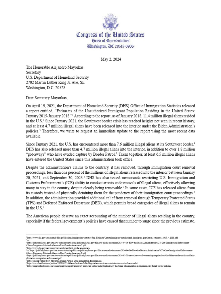 (DAILY CALLER OBTAINED) - Illegal Alien Population Update Letter ...