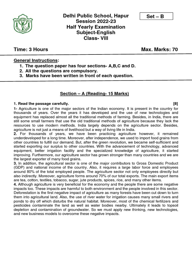 Term 1 Class 8 Set B Pdf Agriculture Economy Of India