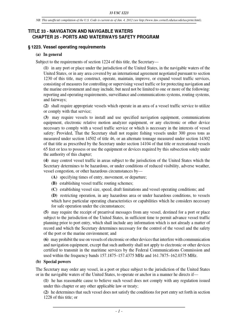 Vessel Operating Requirements Under 33 USC 1223 | PDF | United States ...