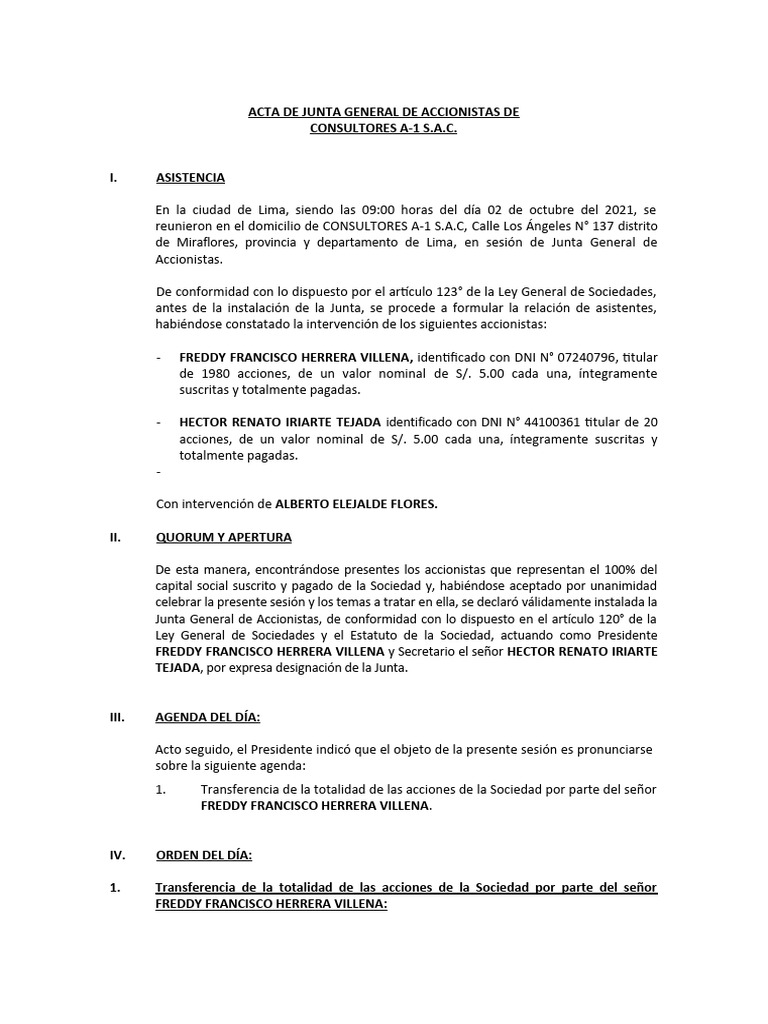 JGA CA1 Venta de Acciones Fredy-Renato-Alberto | PDF | Gobierno