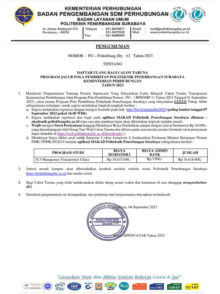 PG Poltekbang - Sby 62 Tahun 2023 TTG Daftar Ulang Bagi Calon Taruna ...