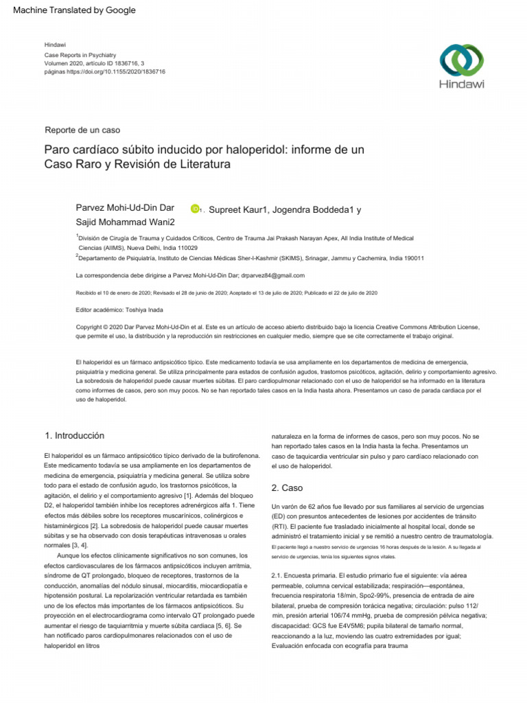 D-2020-Caso-Haloperiodl Induce Paro Cardiaco-Hindawi | PDF | Paro cardíaco | Antipsicótico