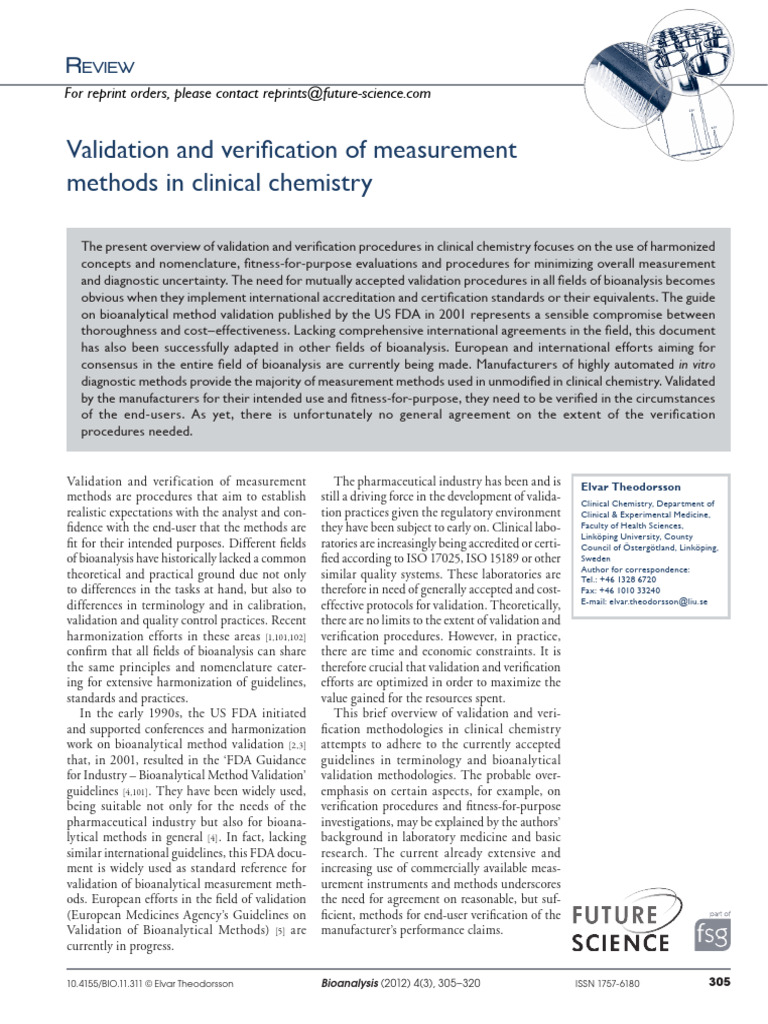 Theodorsson 2012 Validation and Verification of Measurement Methods in Clinical Chemistry | PDF ...