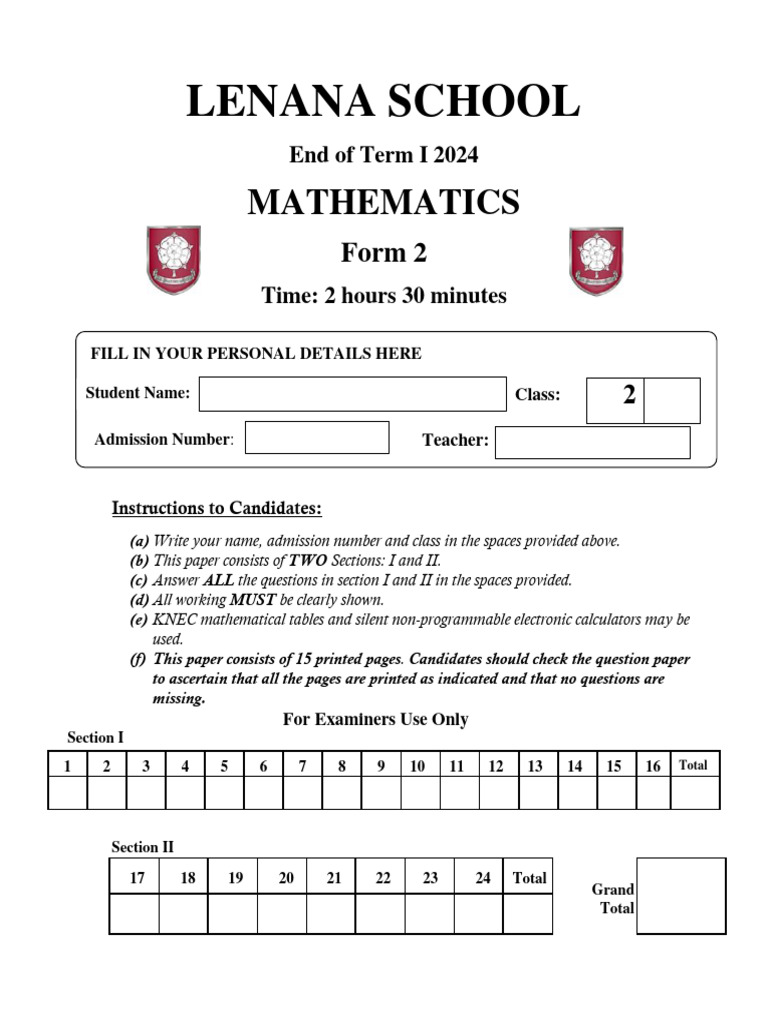 FORM 2 MATH END TERM I 2024 | PDF | Area | Equations
