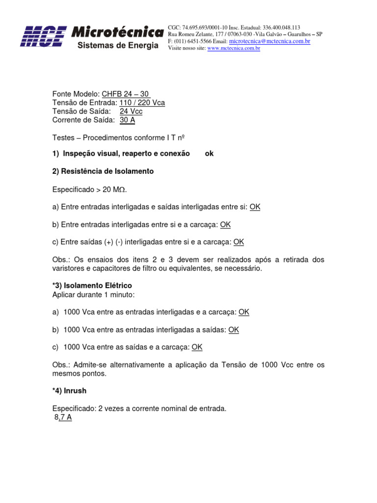 Certificado CHFB 24 - 30 | PDF | Corrente direta | Voltagem