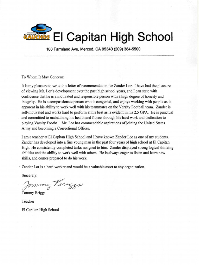 Ech Letter of Rec - Zander Lor | PDF