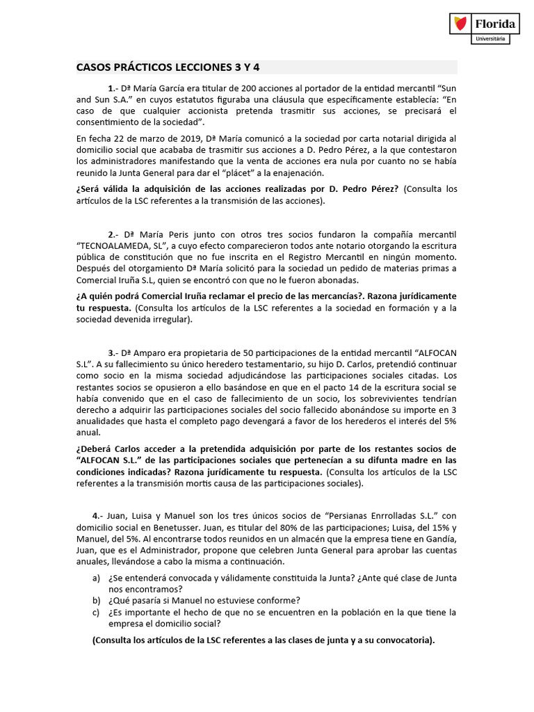 Casos Prã¡cticos Lecciones 3 y 4 Dcho Mercantil | PDF | Derecho