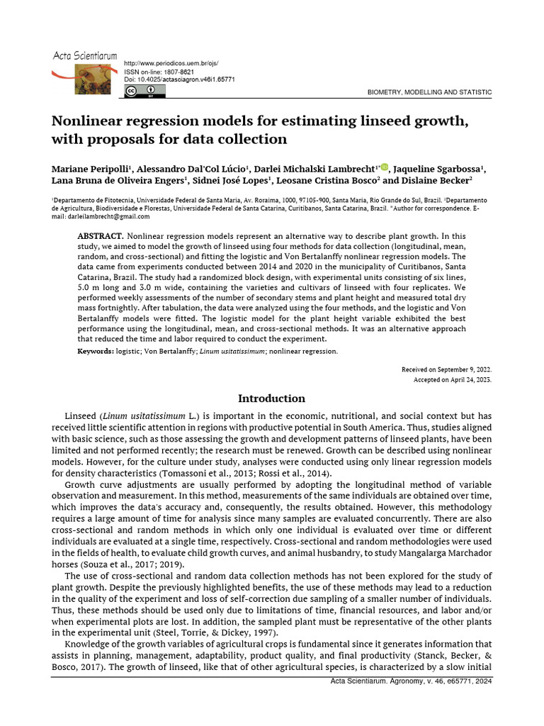 Nonlinear Regression Models For Estimating Linseed Growth With