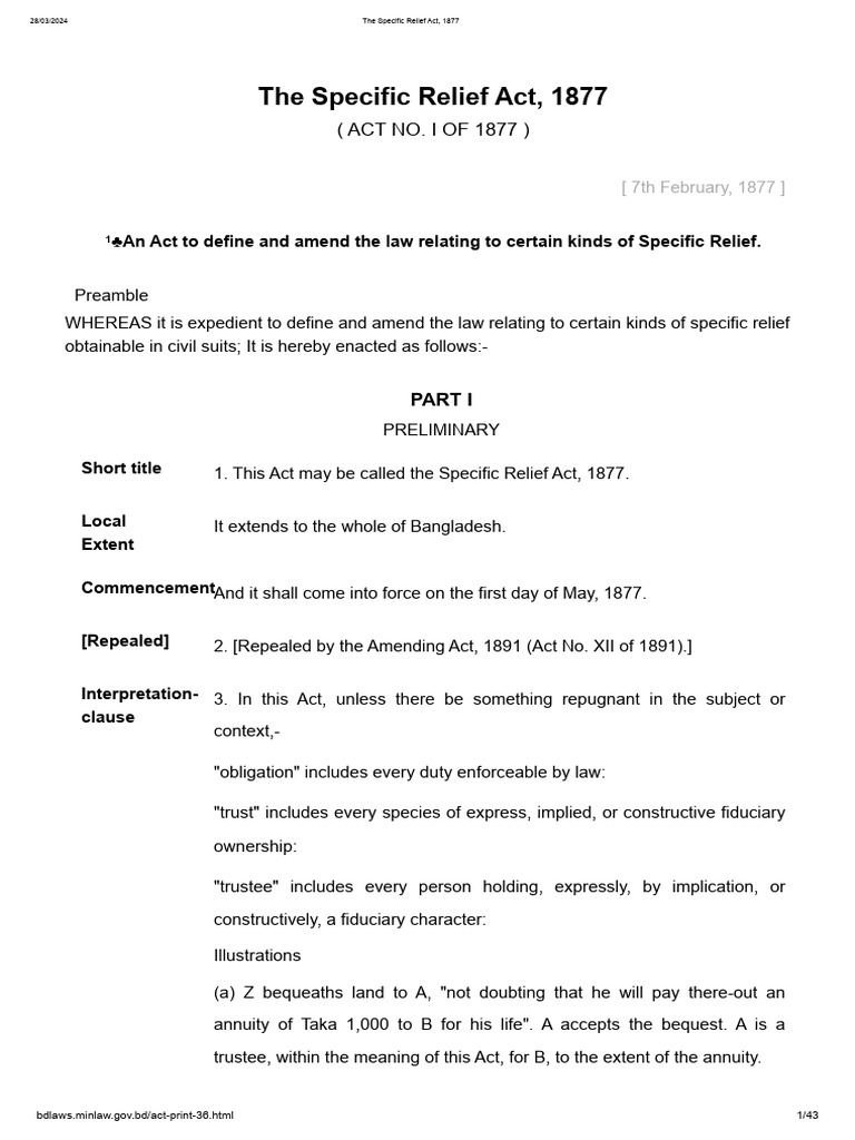 The Specific Relief Act, 1877 | PDF | Specific Performance | Lease