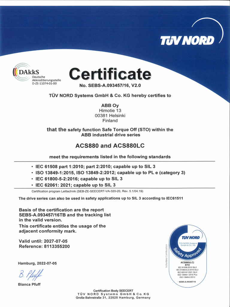 TUV Cert ACS880 STO 12 2023 | PDF
