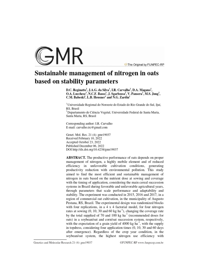 Sustainable Management of Nitrogen in Oats Based On Stability ...
