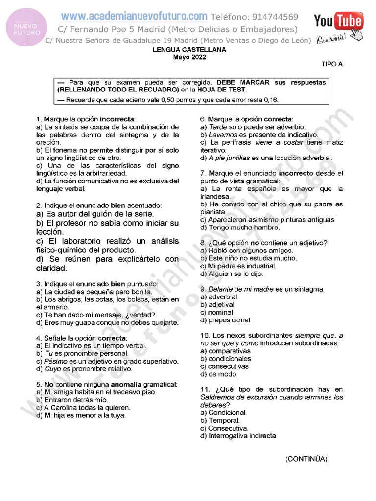 Examen Lengua UNED Mayores 25 Junio 2022 A Enunciado | PDF