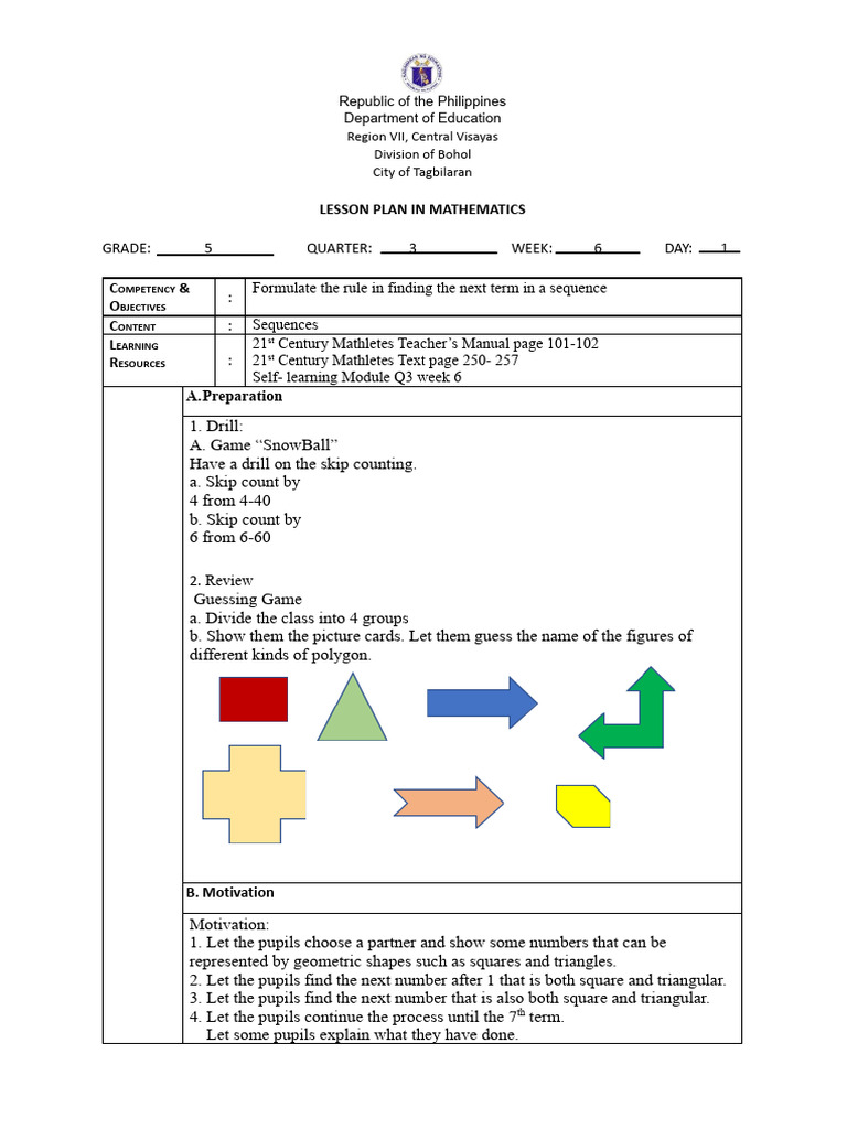 Prototype-Lesson-Plan-in-Math5 Q3-wk6-D1 | PDF | Learning | Triangle