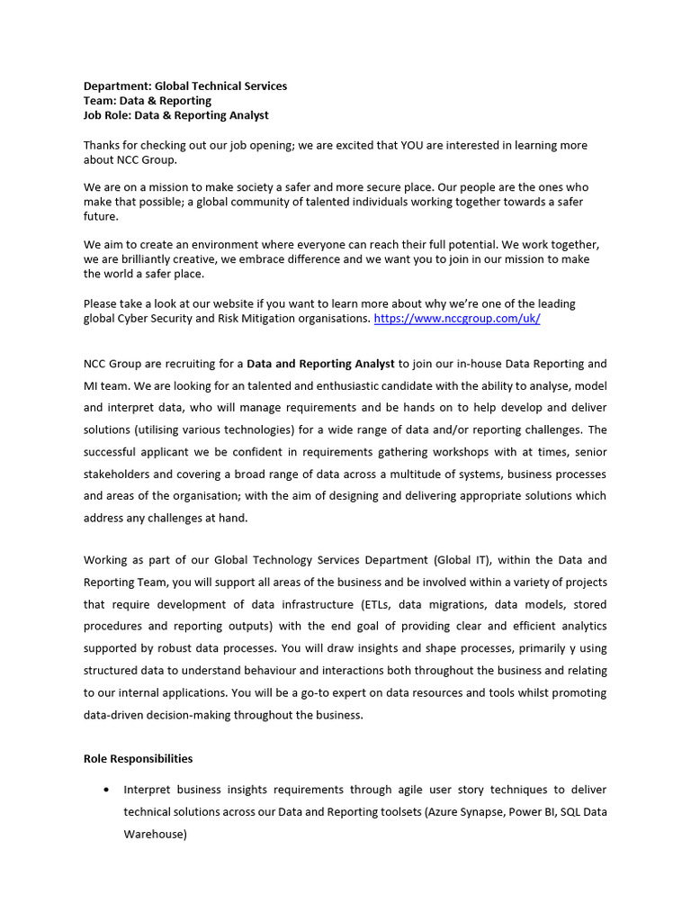 Data & Reporting Analyst Job Opening | PDF | Databases | Data Warehouse