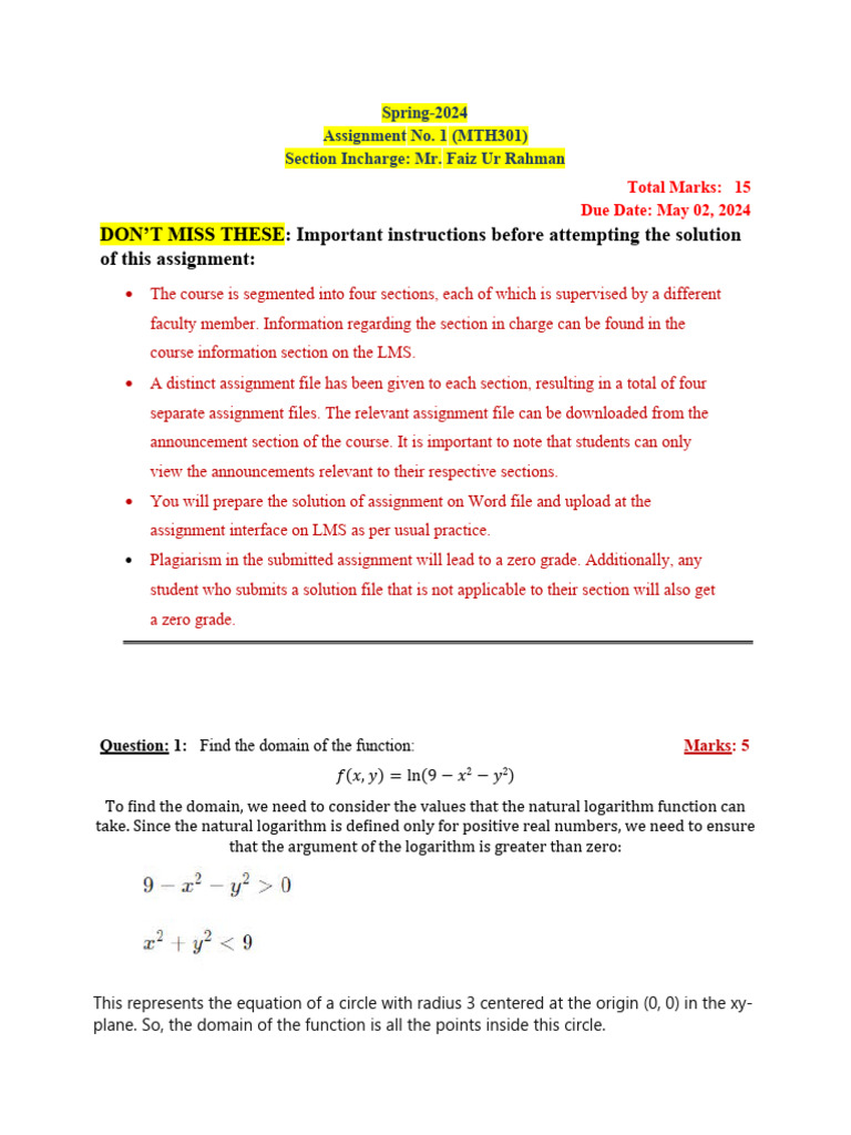 Assignment 1 (MTH301) - Faiz Ur Rahman | PDF