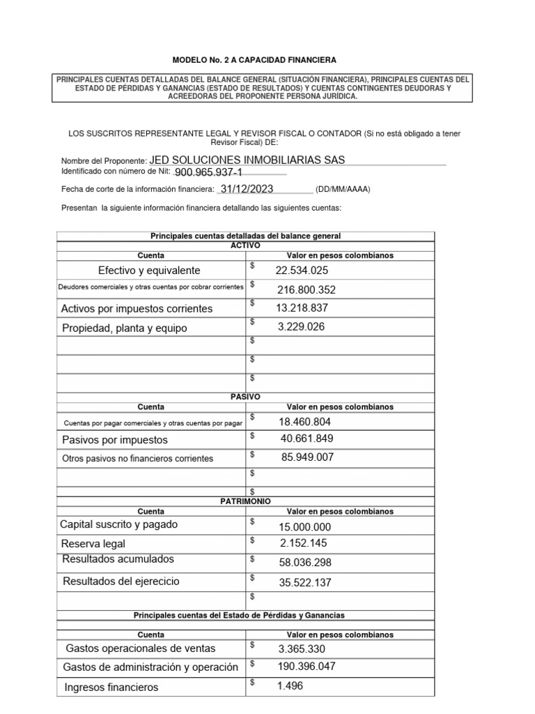 Modelo 2A Capacidad Financiera Anexoprincipalescuentas | Descargar ...