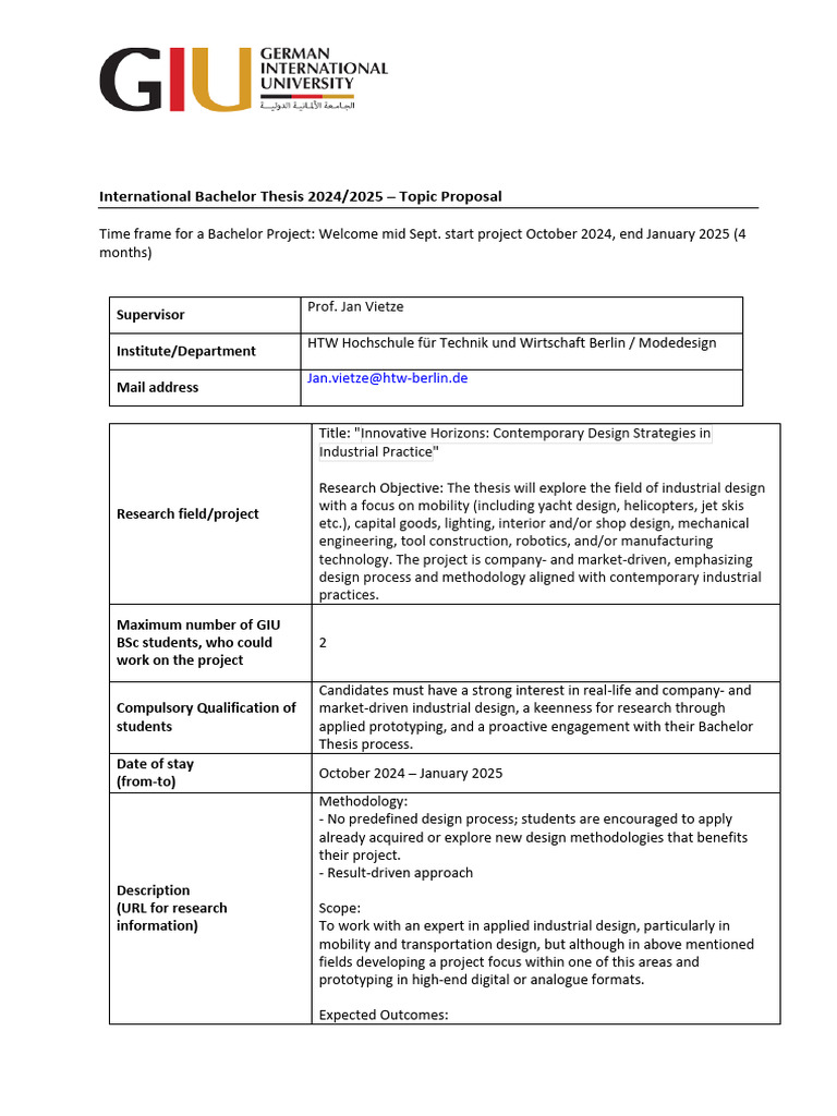 Giu B Sc Thesis Proposal By Prof Jan Vietze Innovative Horizons Pdf Thesis