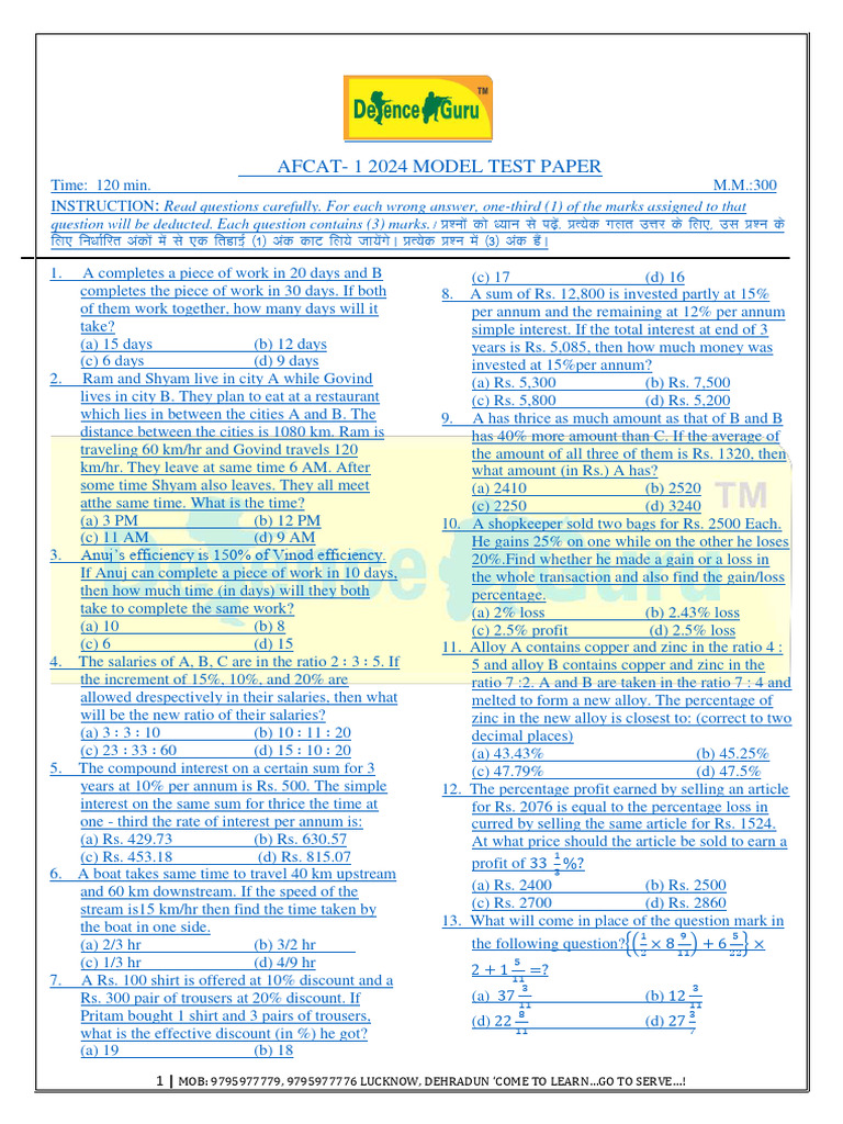 Most Expected Questions For Afcat 1 2024 Pdf