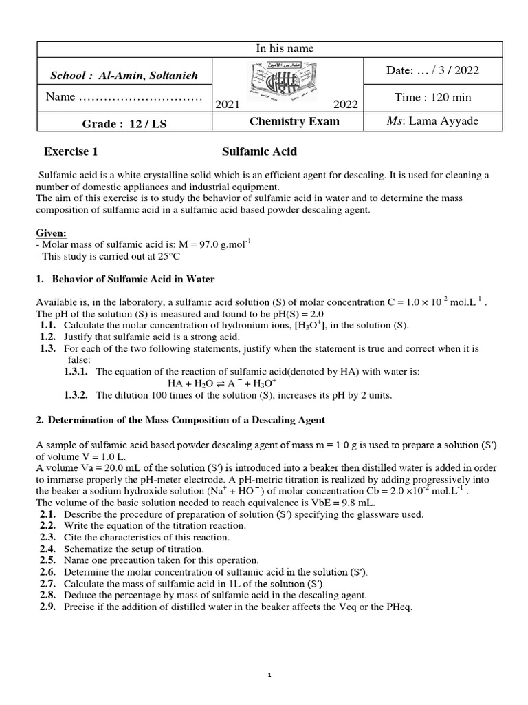 Exam Strong Acid Strong Base | PDF | Sodium Hydroxide | Ph