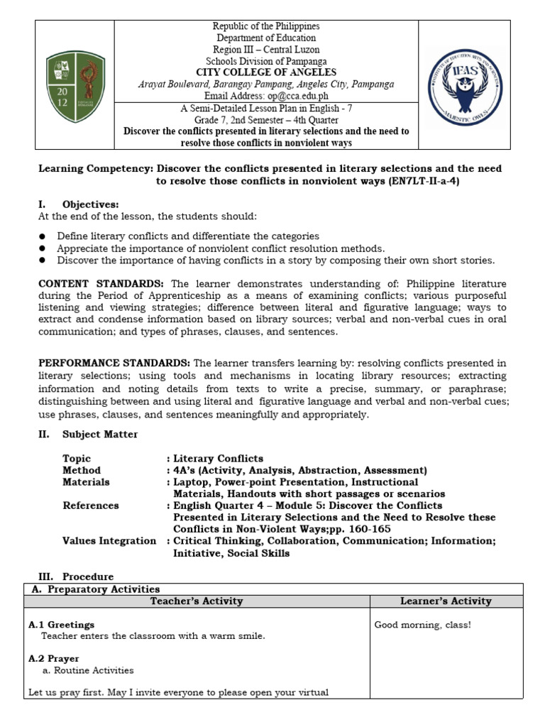 Literary Conflicts-SEMI DETAILED LESSON PLAN | Download Free PDF ...