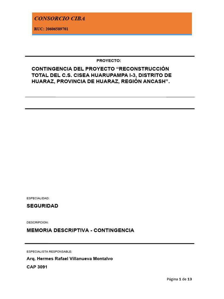 Contingencia Centro Salud Cisea Huarupampa | PDF | Ingeniería de ...