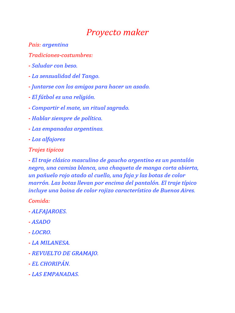 Proyecto Maker: Pais: Tradiciones-Costumbres: - Trajes Tipicos | PDF