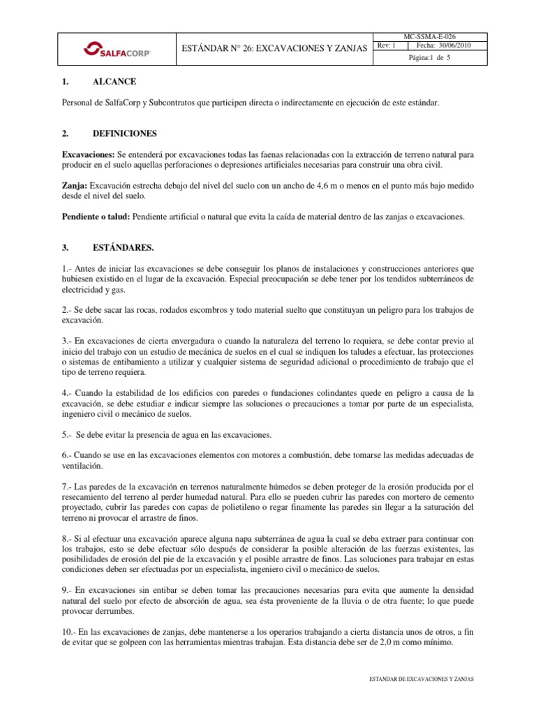Excavaciones y Zanjas: Guía de Seguridad | PDF | Roca (geología) | Agua