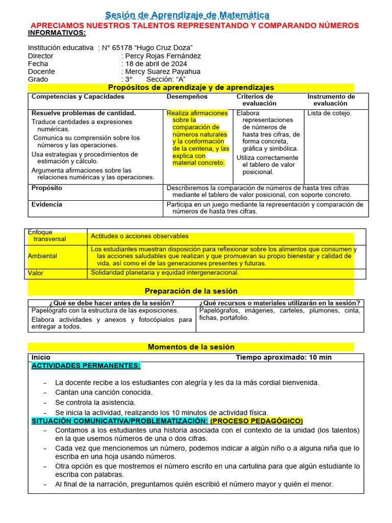 JUEVES MAT APRECIAMOS NUESTROS TALENTOS REPRESENTANDO Y COMPARANDO NÚMEROS | PDF | Evaluación ...