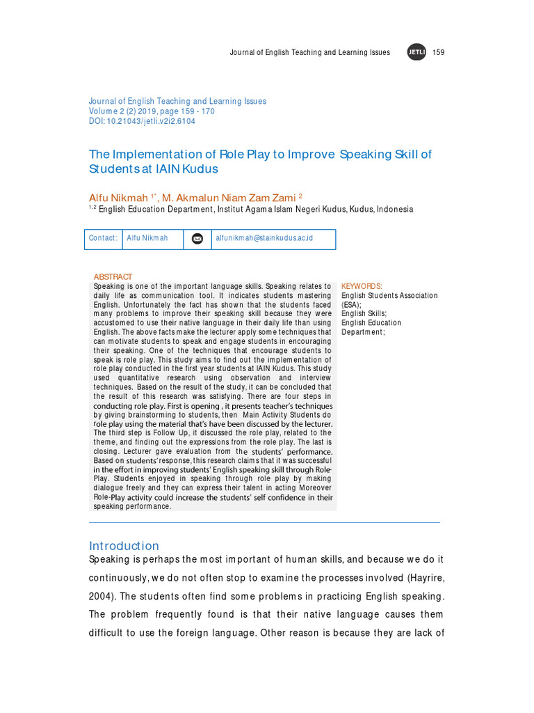 The Implementation of Role Play To Improve Speaking Skill of Students | Download Free PDF ...