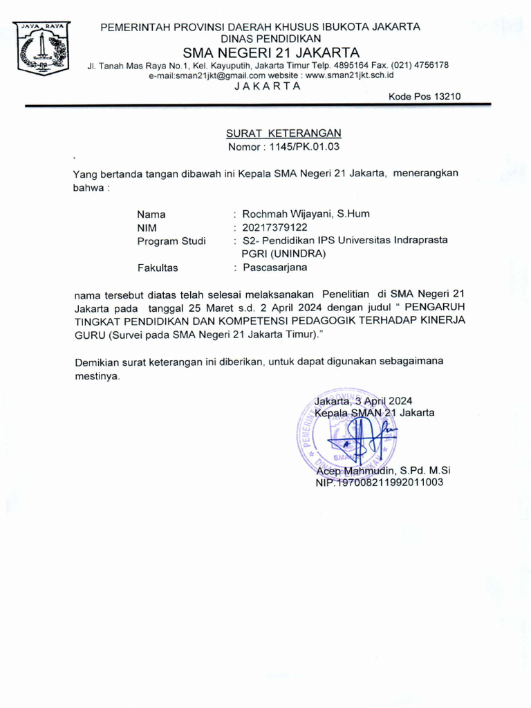 Surat Keterangan Penelitian A.N Rochmah Wijayani | PDF