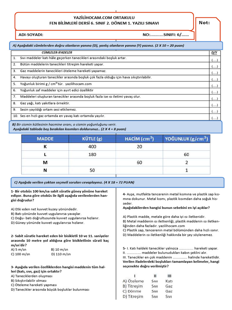 6.sä Nä F Fen 2.dã Nem 1.yazä Lä Sä - 3 | PDF