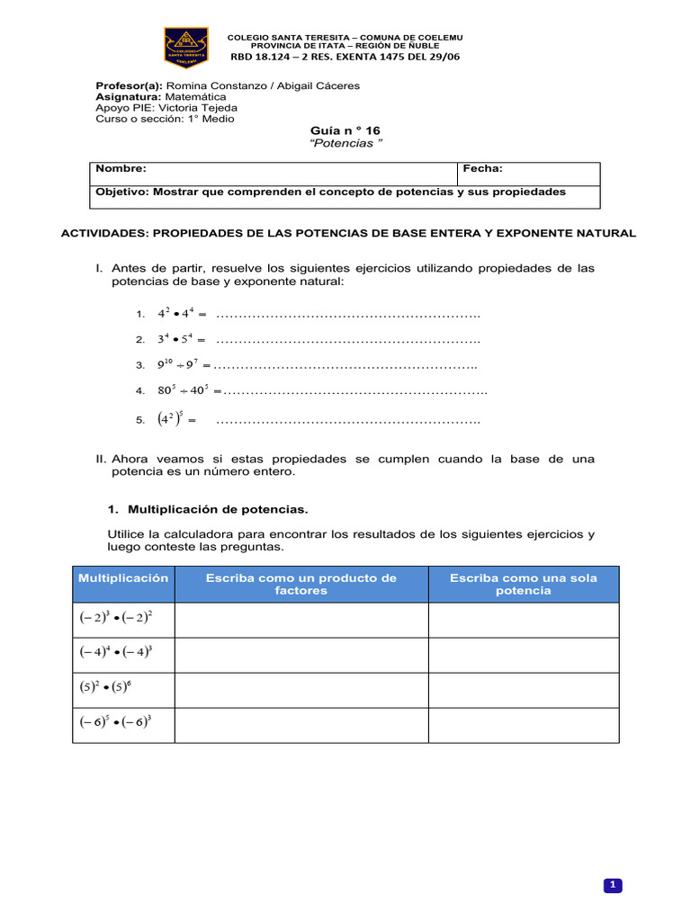 Guía N° 16, Potencias | PDF | Multiplicación | Exponenciación