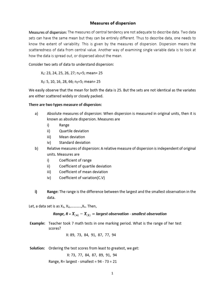 Measures of dispersion | PDF | Coefficient Of Variation | Standard ...