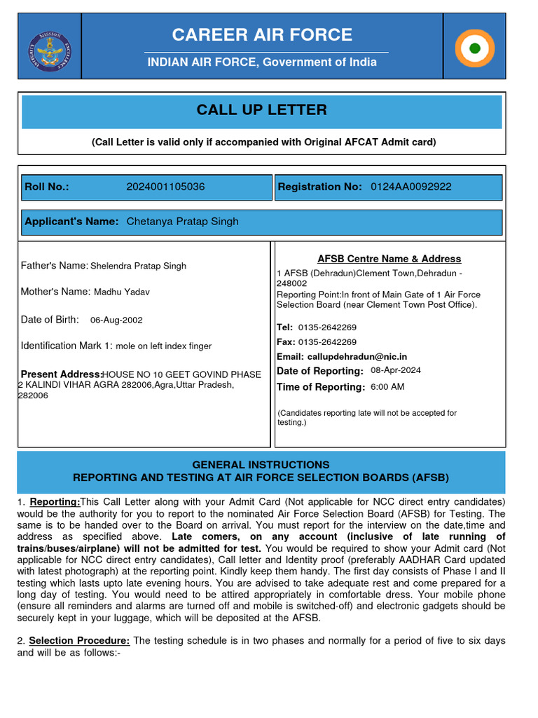 Afsb Callletter | PDF | Identity Document