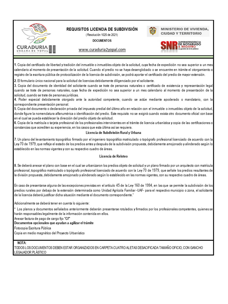 Requisitos Licencia Subdivisión | PDF | Documento de identidad