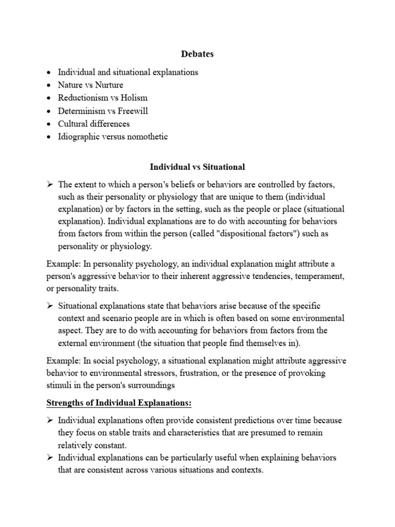 Key Debates in Psychology: Individual vs Situational | PDF | Nature ...