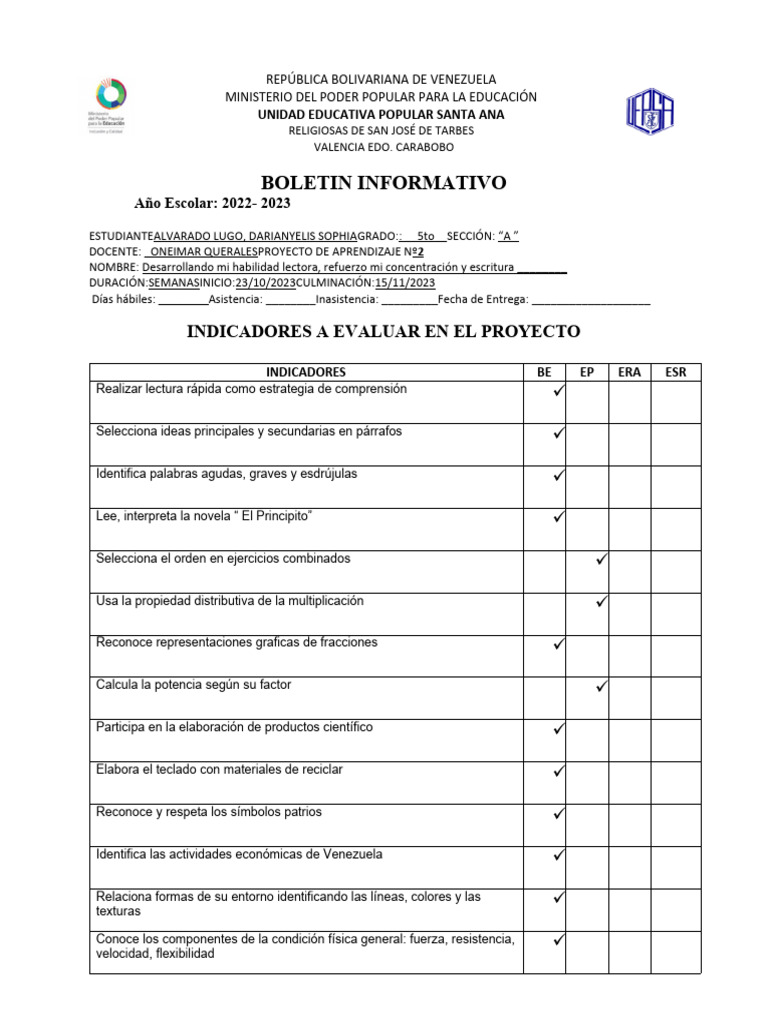 Boletas 5to. Grado 2023-2024 | PDF | Evaluación | Aprendizaje