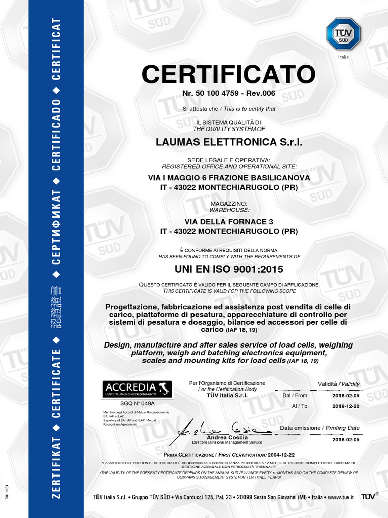 Certificato Certificate TUV UNI ISO | PDF